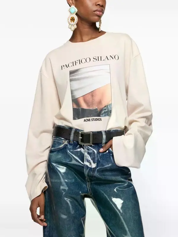 Acne Studios Logo Print Long Sleeve T-shirt - Neutrals