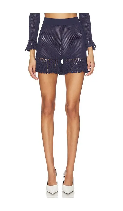 SELF-PORTRAIT Knit Shorts With Ruffled Hem - Navy