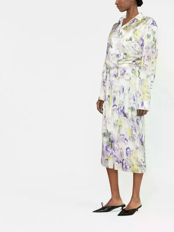Off-White Floral Print Long Sleeve Dress - Green