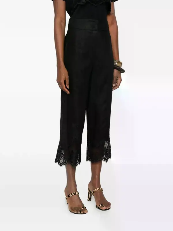 TWINSET Cropped Linen Trousers With Lace Inlay - Black
