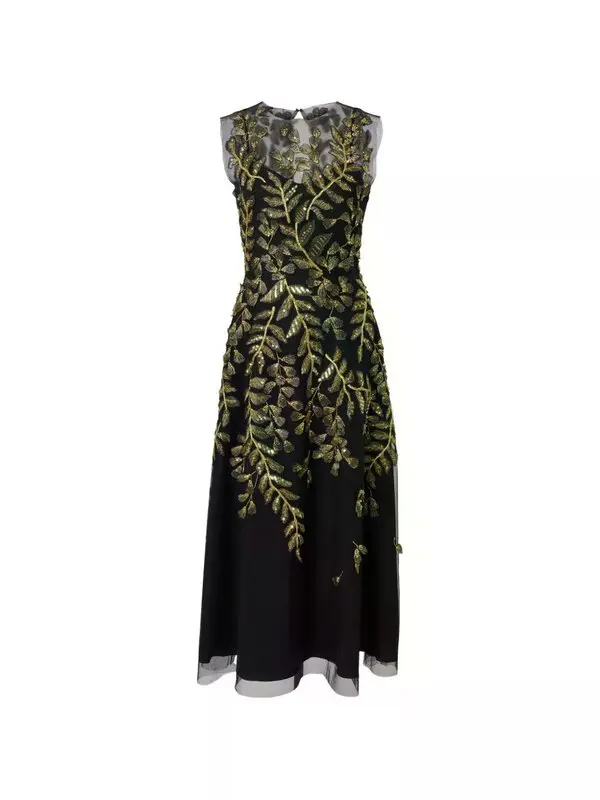 Carolina Herrera Gold Leaf Embroidered Tulle Midi Dress - Black