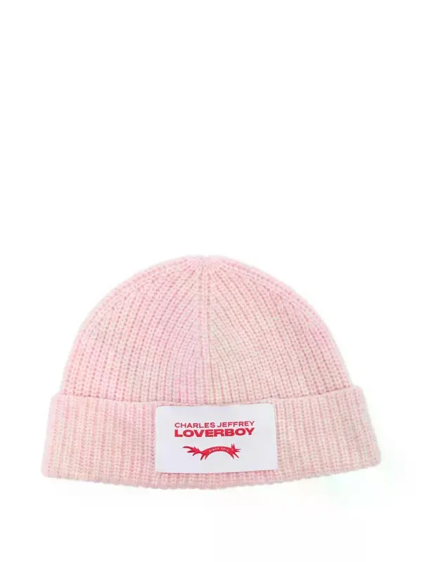 CHARLES JEFFREY Ribbed Knit Logo Patch Beanie - Pink