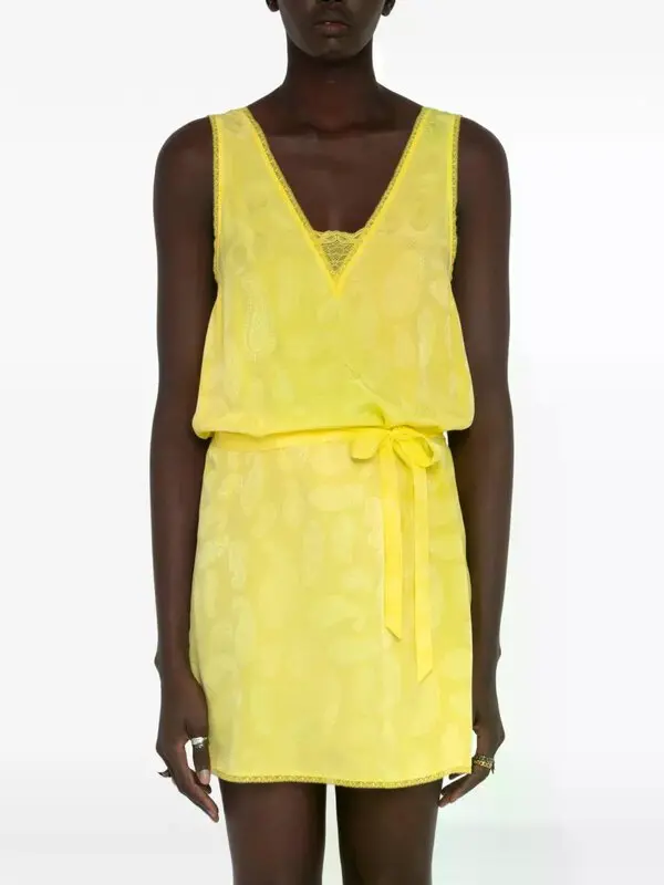 Zadig&Voltaire Paisley Print V-neck Dress With Lace Trim And Belt - Yellow