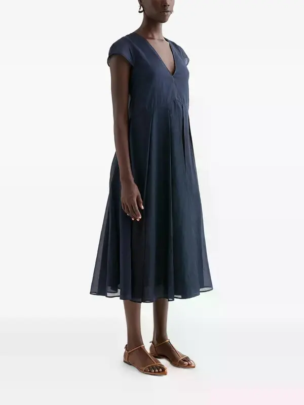 JIL SANDER Cotton Organdy Pleated V-neck Dress - Blue