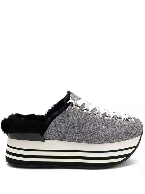 Hogan Platform Lace-up Mules In Silver Glitter Fabric