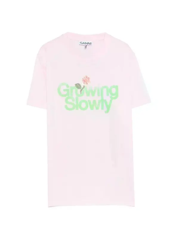 GANNI Rose Floral Print Crew Neck Short Sleeve T-shirt - Pink