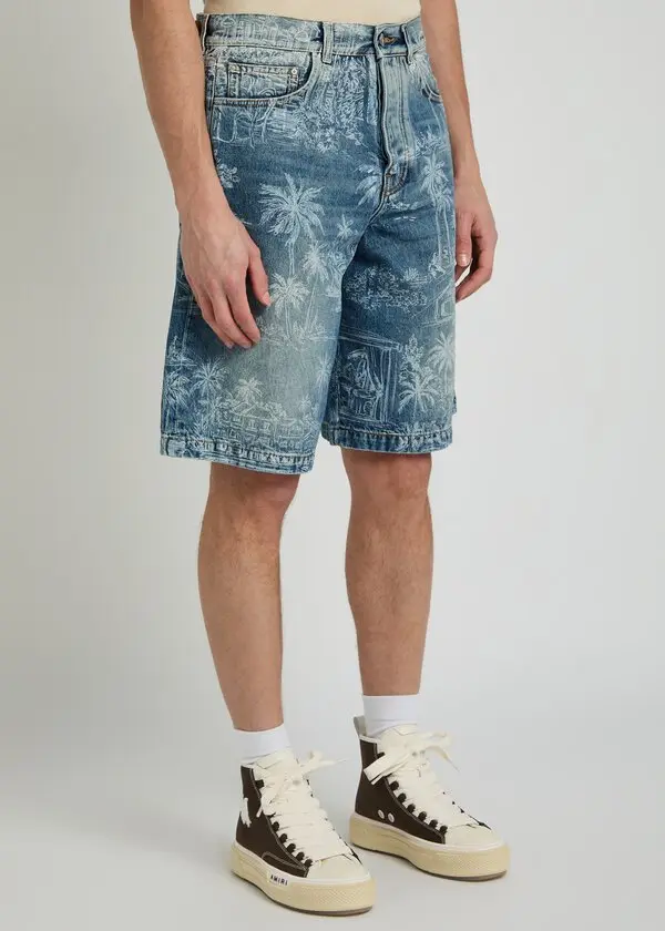 Amiri Palm Printed Denim Shorts - Indigo