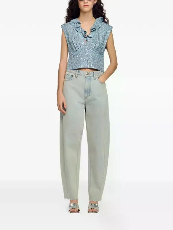 Sandro Sleeveless Striped Sequin Embroidered Ruffled Crop Top