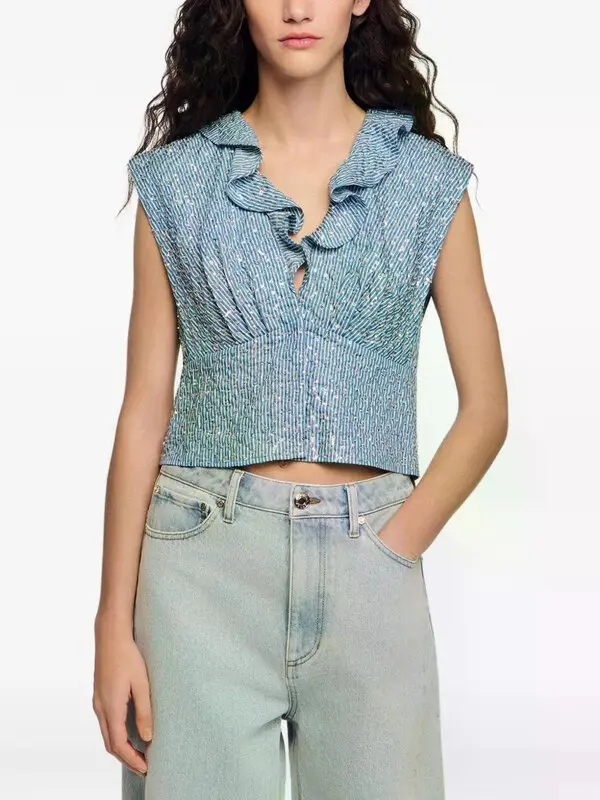 Sandro Sleeveless Striped Sequin Embroidered Ruffled Crop Top