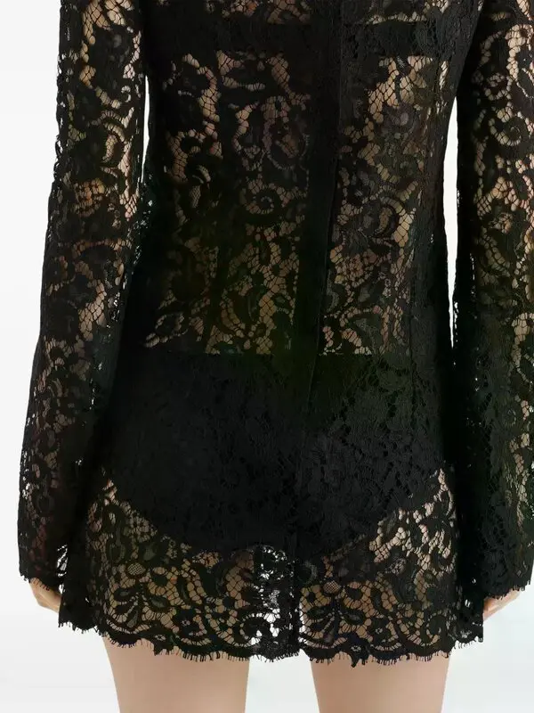 Dolce & Gabbana Floral Lace Mini Dress With V-neck And Long Sleeves - Black