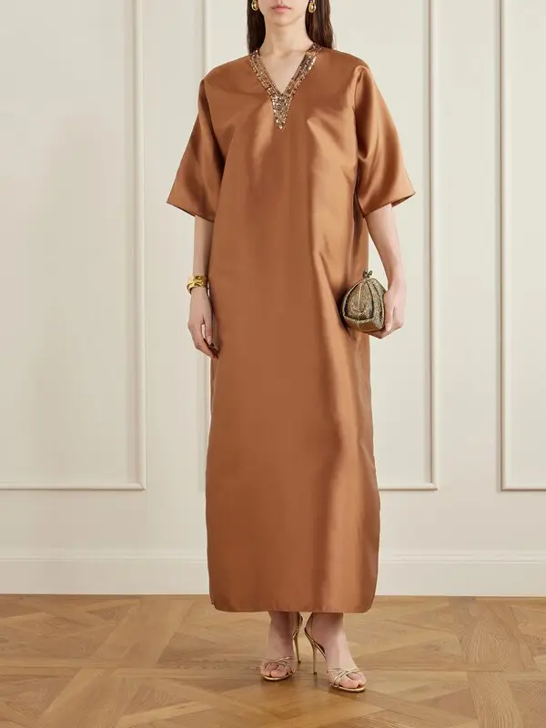 DIMA AYAD Sequin-detailed Mikado Kaftan - Brown