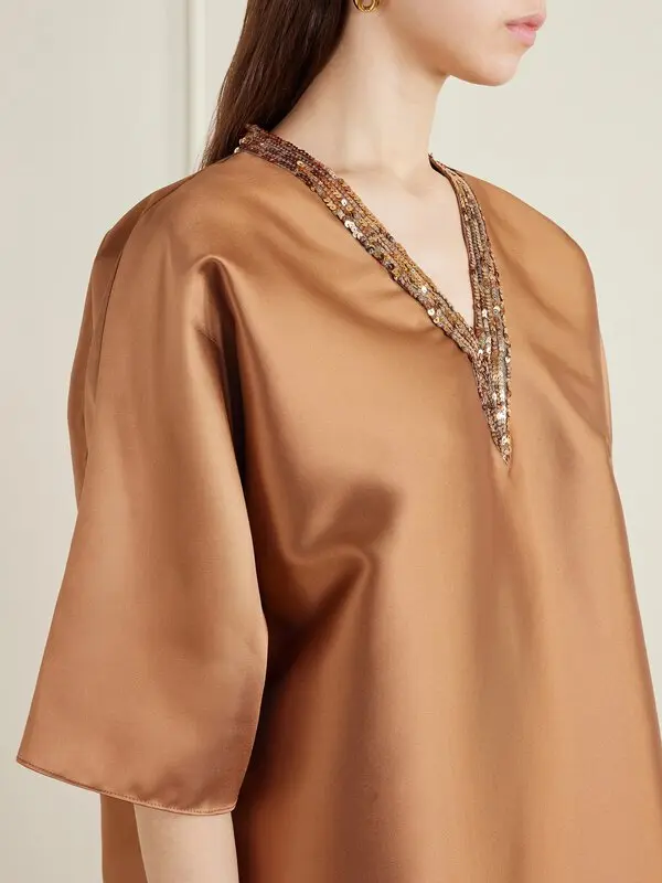 DIMA AYAD Sequin-detailed Mikado Kaftan - Brown