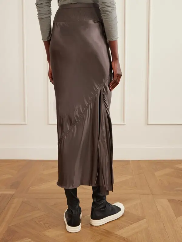 Rick Owens Ribbed Jersey And Recycled-satin Midi Skirt - Brown