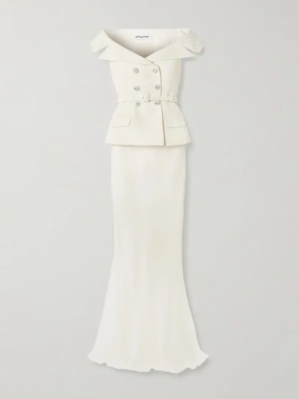 SELF-PORTRAIT Off-the-shoulder Belted Bouclé And Crepe Maxi Dress - Neutrals