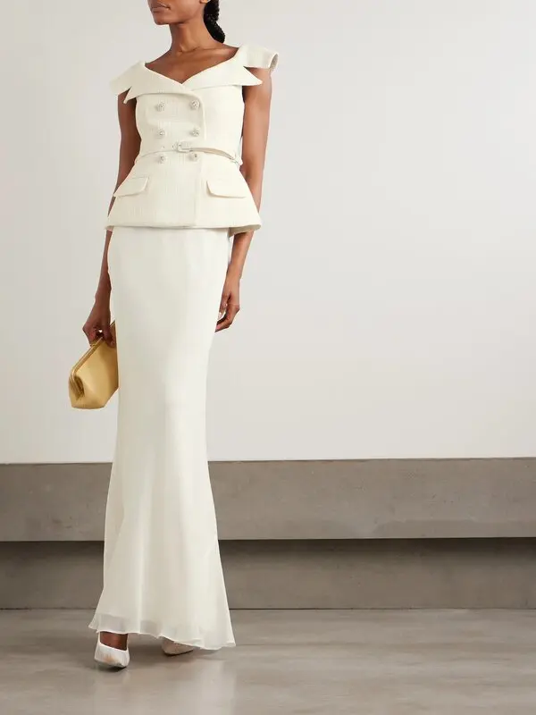 SELF-PORTRAIT Off-the-shoulder Belted Metallic Bouclé And Crepe Maxi Dress - Neutrals