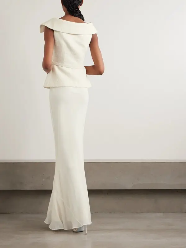 SELF-PORTRAIT Off-the-shoulder Belted Metallic Bouclé And Crepe Maxi Dress - Neutrals