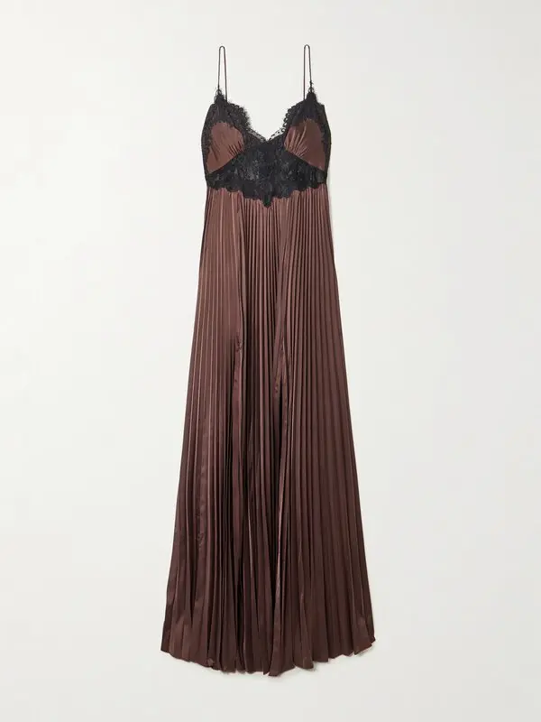 SELF-PORTRAIT Lace-trimmed Plissé-satin Maxi Dress - Brown