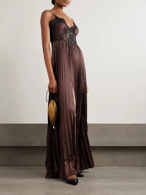 SELF-PORTRAIT Lace-trimmed Plissé-satin Maxi Dress