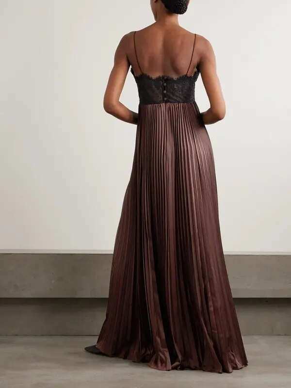 SELF-PORTRAIT Lace-trimmed Plissé-satin Maxi Dress