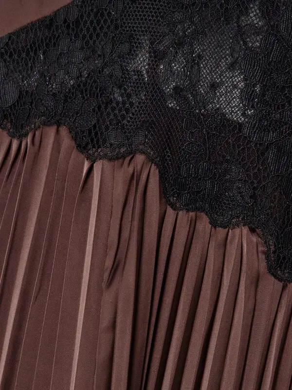 SELF-PORTRAIT Lace-trimmed Plissé-satin Maxi Dress