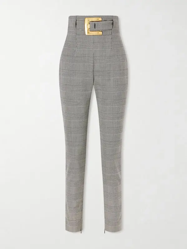 Balmain Belted Prince Of Wales Checked Wool-blend Skinny Trousers