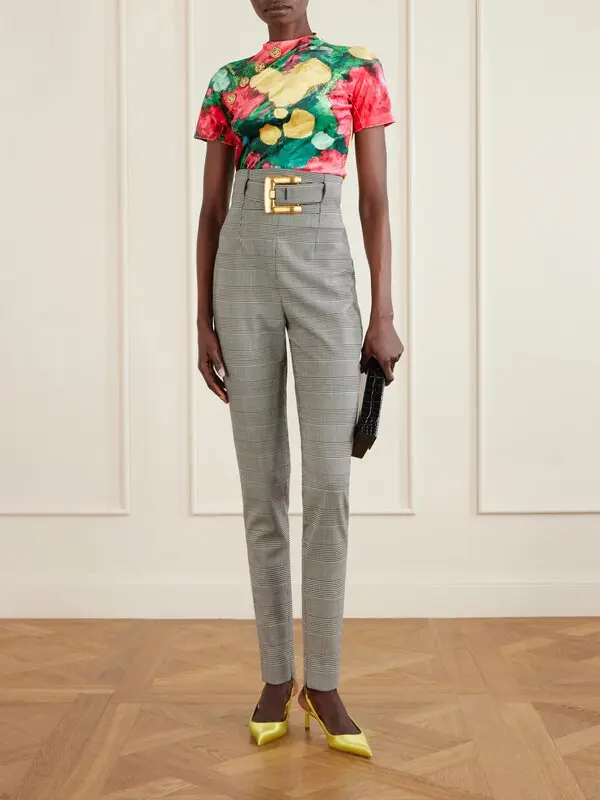 Balmain Belted Prince Of Wales Checked Wool-blend Skinny Trousers