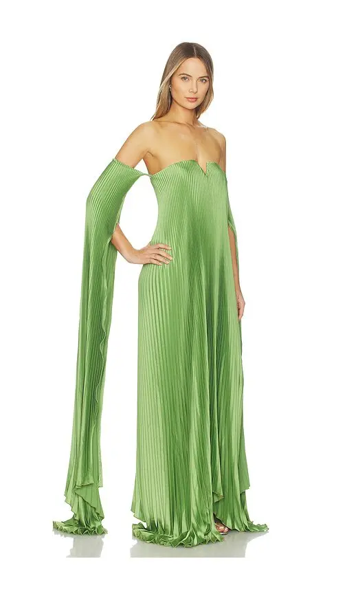 L'IDEE Pleated Gown With Dramatic Sleeves - Green