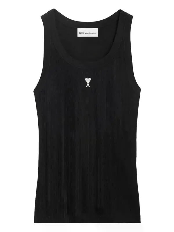AMI Paris De Coeur Embroidered Ribbed Tank Top - Black