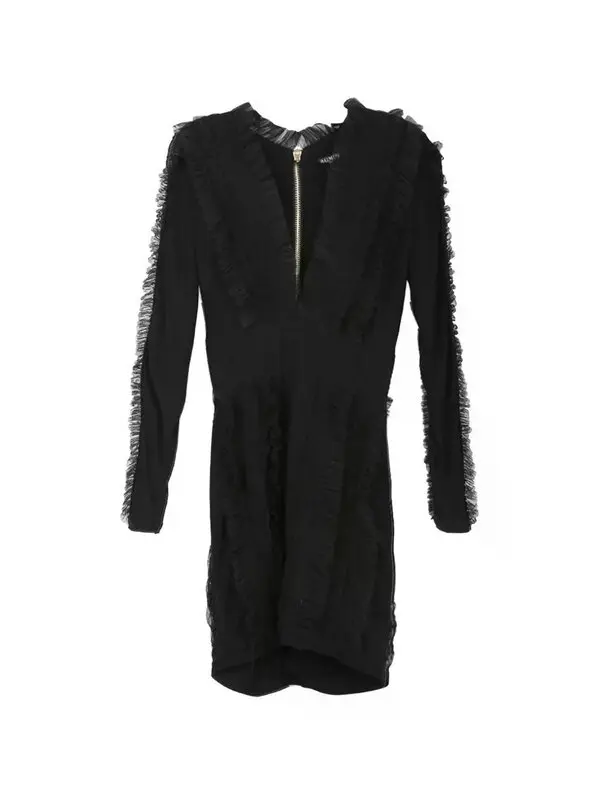 Balmain Ruffled V-neck Mini Dress - Black