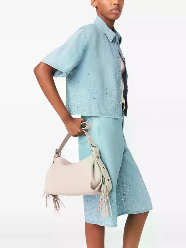 Maje Cropped Denim Shirt With Gradient Rhinestones - Blue