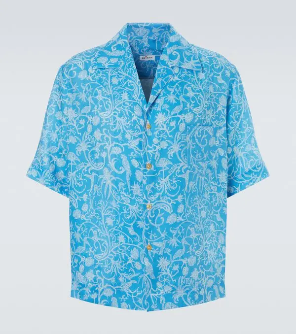 Kiton Printed Linen Bowling Shirt - Blue