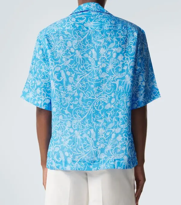 Kiton Printed Linen Bowling Shirt - Blue