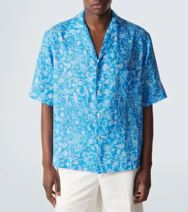 Kiton Printed Linen Bowling Shirt - Blue
