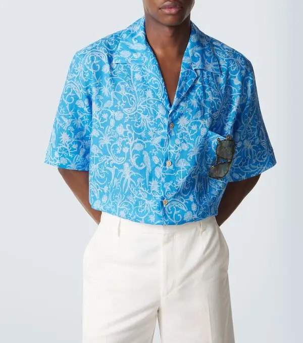 Kiton Printed Linen Bowling Shirt - Blue