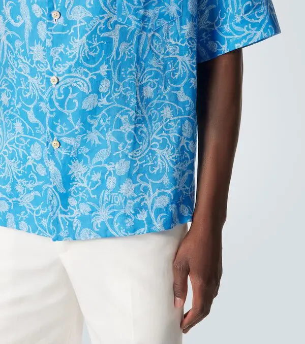 Kiton Printed Linen Bowling Shirt - Blue