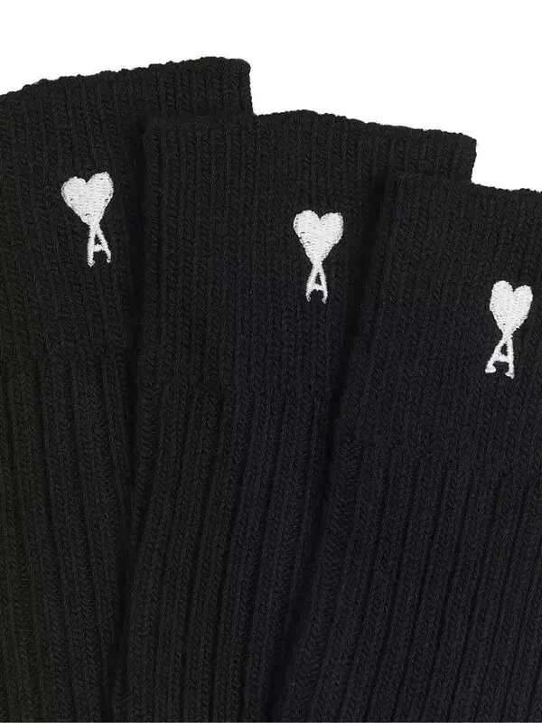 AMI Paris Ribbed Knit Socks With Logo - Black