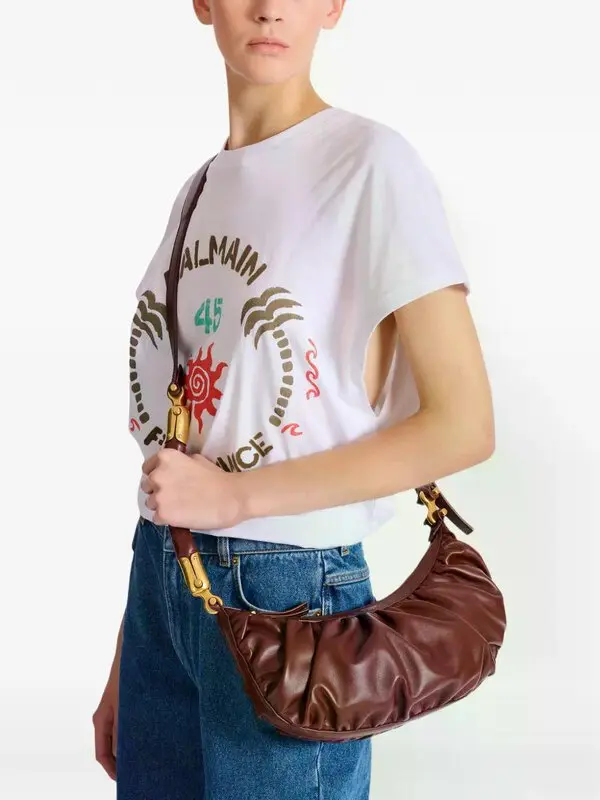 Balmain Ruched Leather Shoulder Bag - Brown