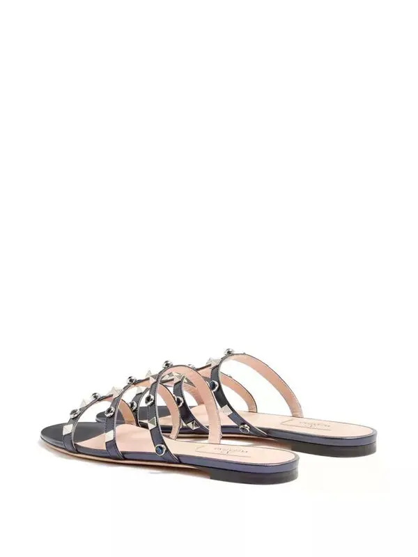 Valentino Garavani Rockstud Slide Sandals In Laminated Nappa With Cabochon - Blue