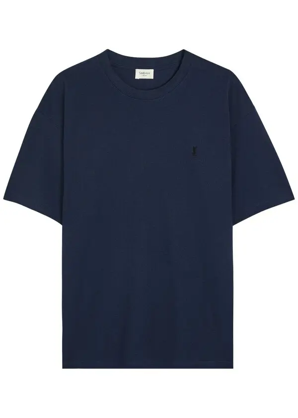 Saint Laurent Logo-embroidered Piqué Cotton-blend T-shirt - Blue