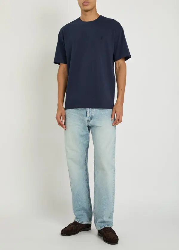 Saint Laurent Logo-embroidered Piqué Cotton-blend T-shirt - Blue