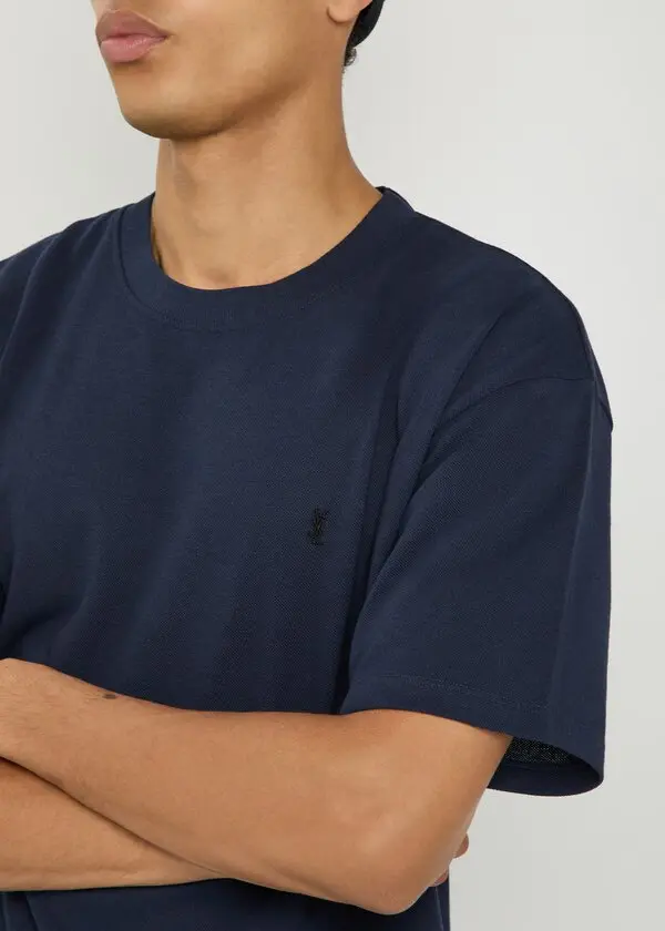 Saint Laurent Logo-embroidered Piqué Cotton-blend T-shirt - Blue