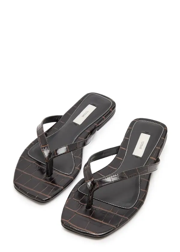 TOTEME Croc Glossed Leather Sandals - Brown