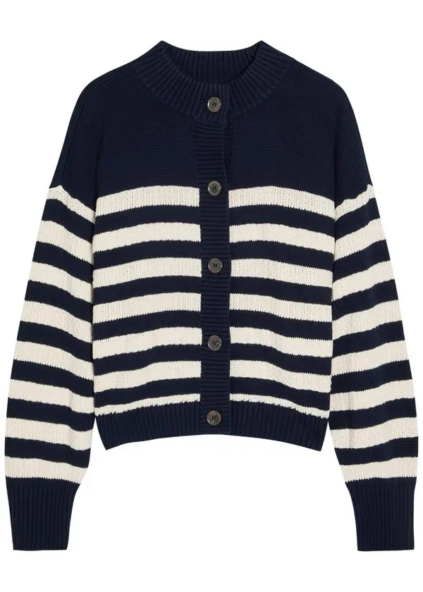 FRAME Striped Cotton Cardigan With Mock Neck - Navy