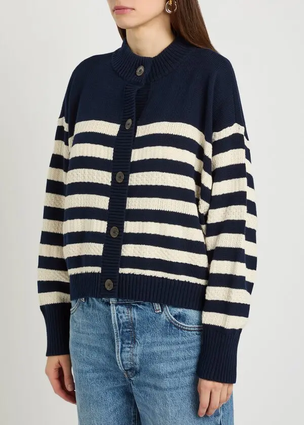FRAME Striped Cotton Cardigan With Mock Neck - Navy