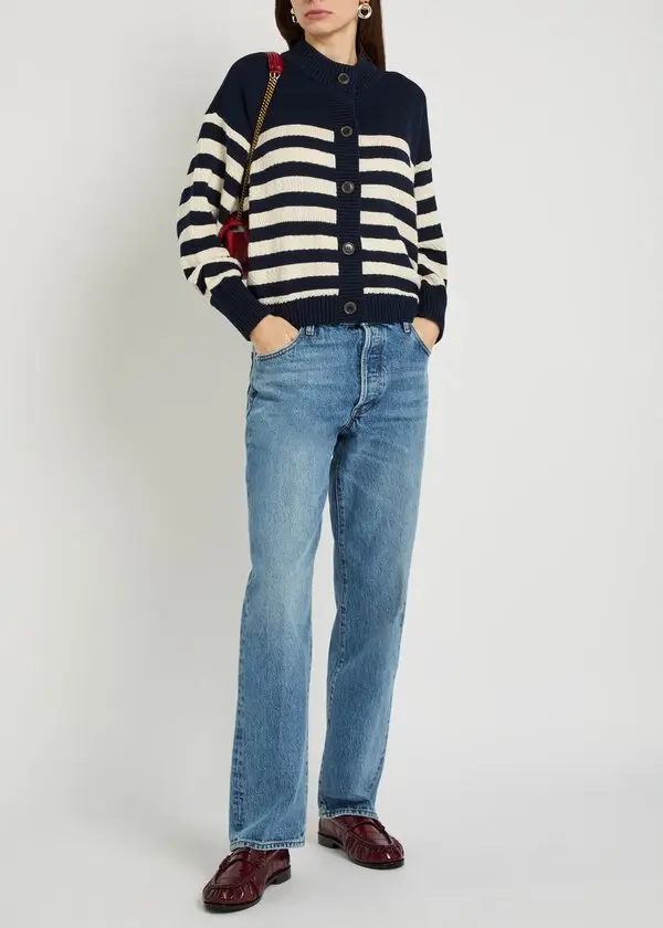 FRAME Striped Cotton Cardigan With Mock Neck - Navy