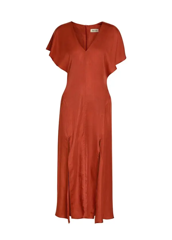 AKYN Hollie V-neck Lyocell Midi Dress - Orange