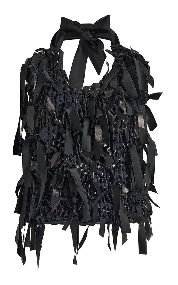Khaite Tevis Fringed Plonge Leather Halter Top - Black