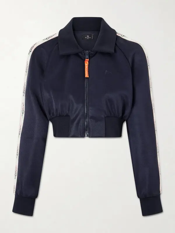 Etro Cropped Satin-jersey Track Jacket With Canvas Trim - Blue