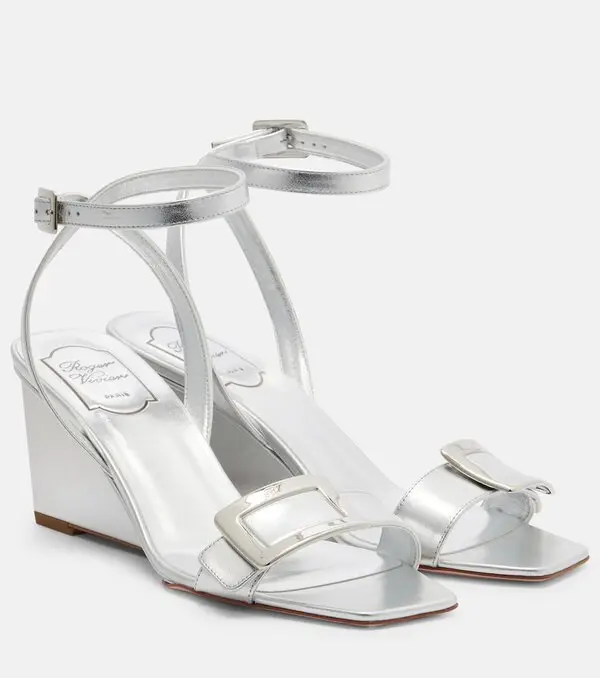 ROGER VIVIER Belle Vivier Metallic Leather Sandals - Silver