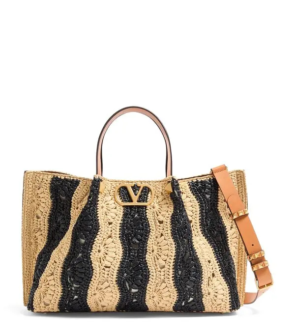 Valentino Garavani Medium Raffia Vlogo Tote Bag - Black